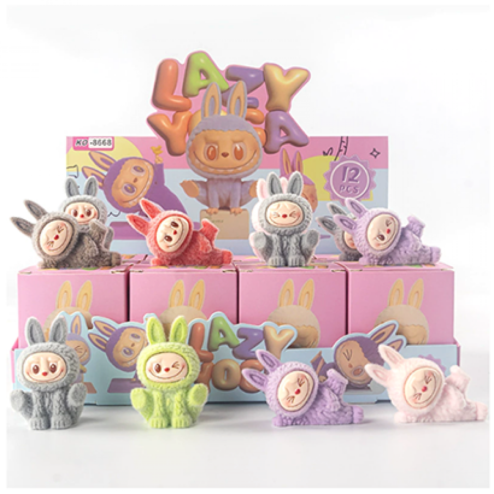 12 Pcs Kawaii The Monsters Lazy Yoga Labubu Flocking Doll Blind Box